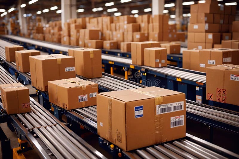 Parcel Boxes on Conveyor Belt in Product Sorting and Shipping Facility ...