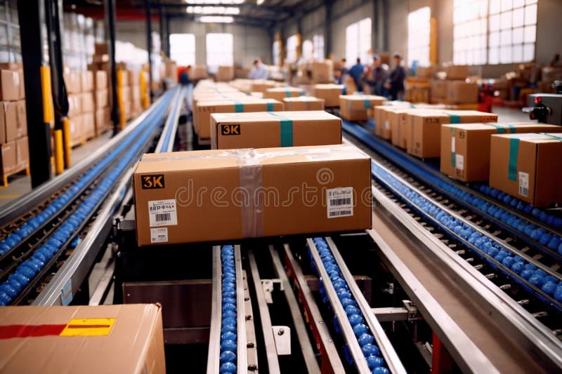 Parcel Boxes on Conveyor Belt in Product Sorting and Shipping Facility ...