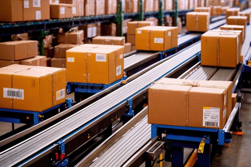 Parcel Boxes on Conveyor Belt in Product Sorting and Shipping Facility ...
