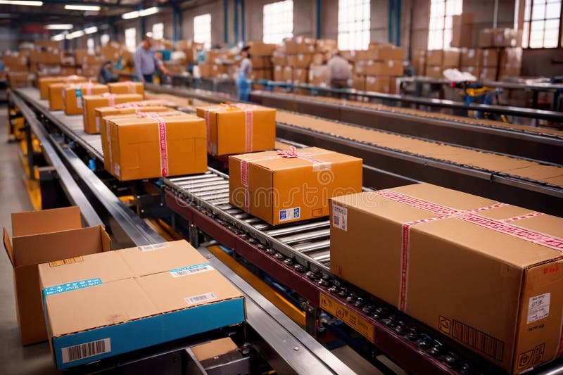 Parcel Boxes on Conveyor Belt in Product Sorting and Shipping Facility ...