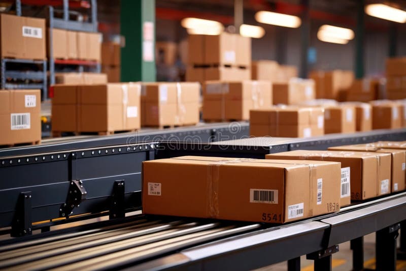 Parcel Boxes on Conveyor Belt in Product Sorting and Shipping Facility ...