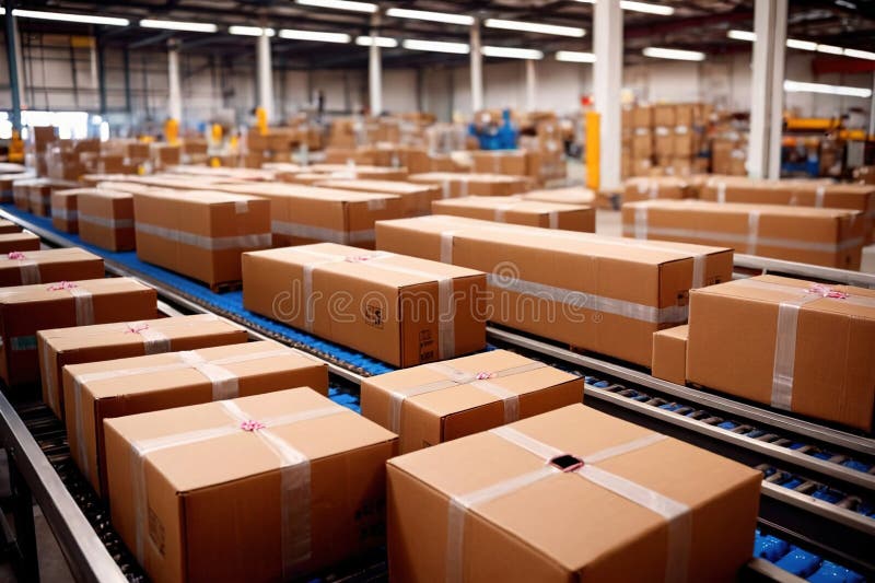 Parcel Boxes on Conveyor Belt in Product Sorting and Shipping Facility ...