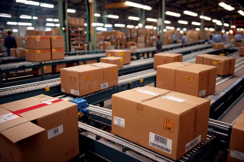 Parcel Boxes on Conveyor Belt in Product Sorting and Shipping Facility ...