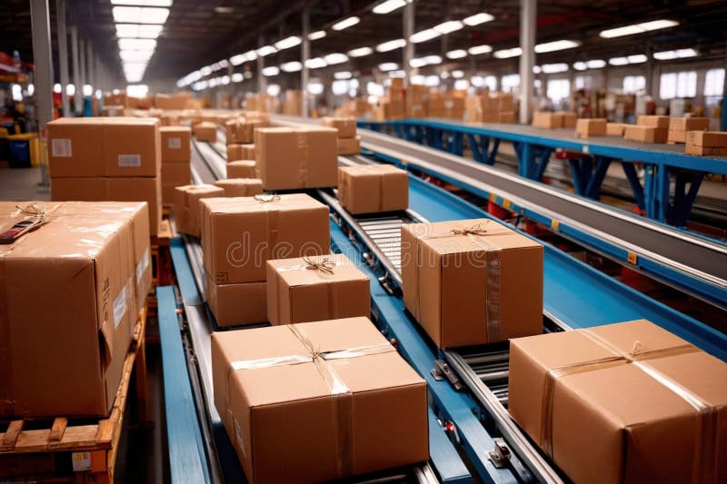 Parcel Boxes on Conveyor Belt in Product Sorting and Shipping Facility ...