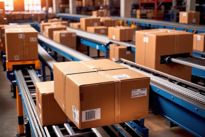 Parcel Boxes on Conveyor Belt in Product Sorting and Shipping Facility ...