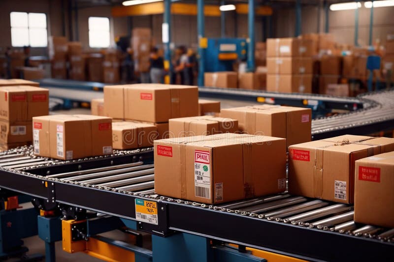Parcel Boxes on Conveyor Belt in Product Sorting and Shipping Facility ...