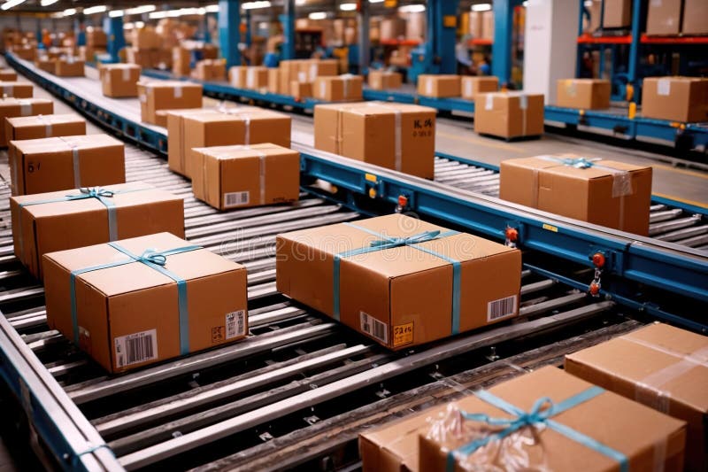 Parcel Boxes on Conveyor Belt in Product Sorting and Shipping Facility ...
