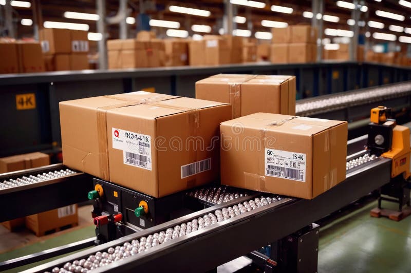 Parcel Boxes on Conveyor Belt in Product Sorting and Shipping Facility ...