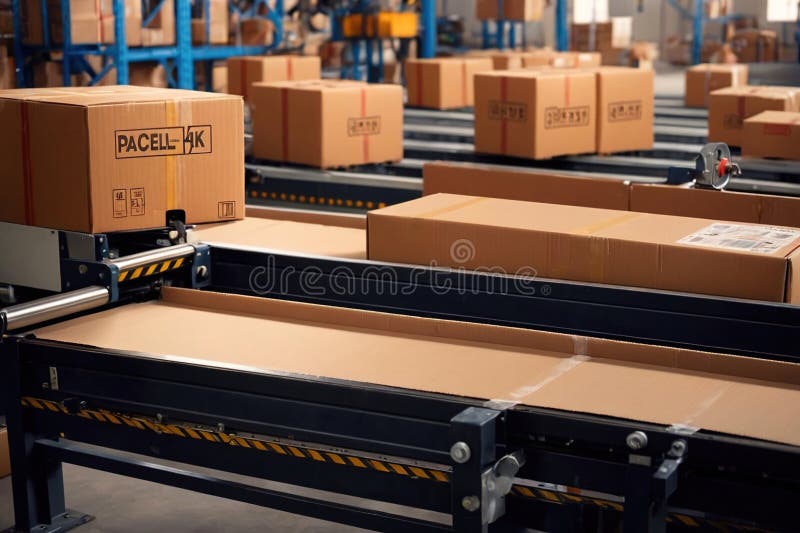 Parcel Boxes on Conveyor Belt in Product Sorting and Shipping Facility ...
