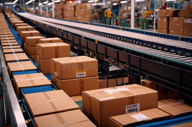 Parcel Boxes on Conveyor Belt in Product Sorting and Shipping Facility ...