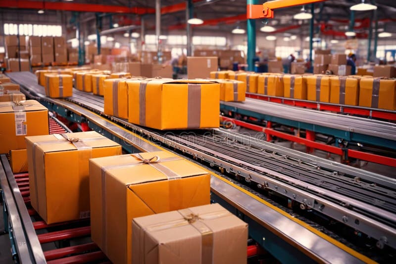 Parcel Boxes on Conveyor Belt in Product Sorting and Shipping Facility ...