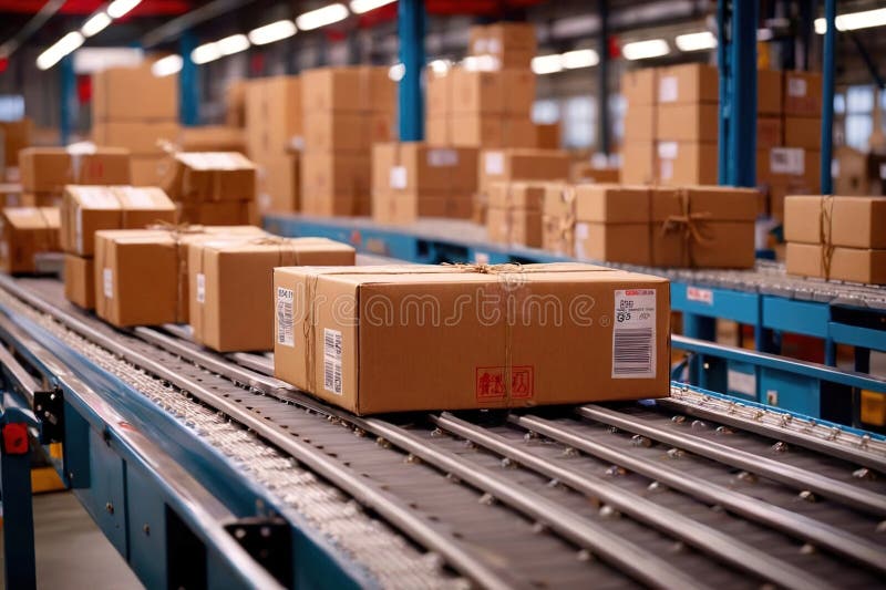 Parcel Boxes on Conveyor Belt in Product Sorting and Shipping Facility ...