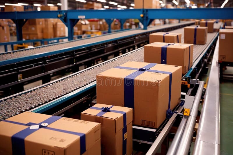 Parcel Boxes on Conveyor Belt in Product Sorting and Shipping Facility ...