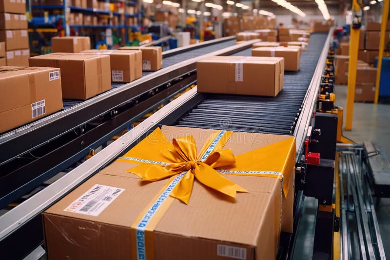 Parcel Boxes on Conveyor Belt in Product Sorting and Shipping Facility ...