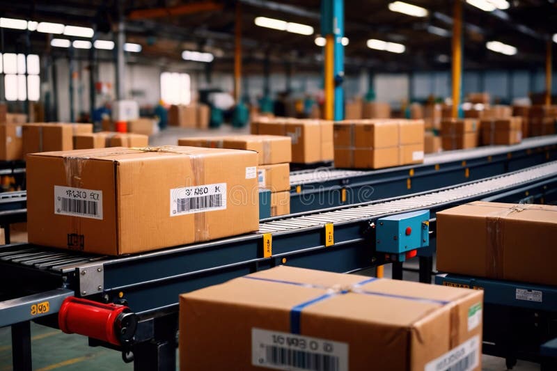 Parcel Boxes on Conveyor Belt in Product Sorting and Shipping Facility ...