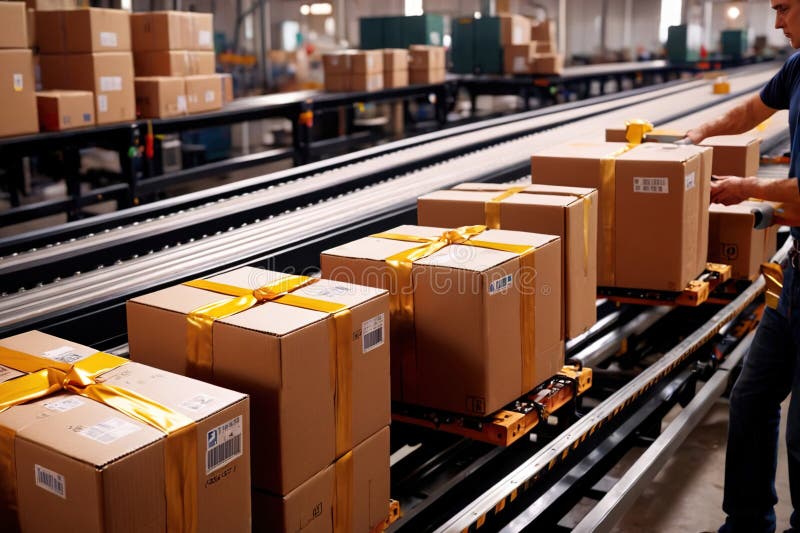 Parcel Boxes on Conveyor Belt in Product Sorting and Shipping Facility ...
