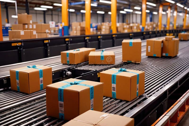 Parcel Boxes on Conveyor Belt in Product Sorting and Shipping Facility ...