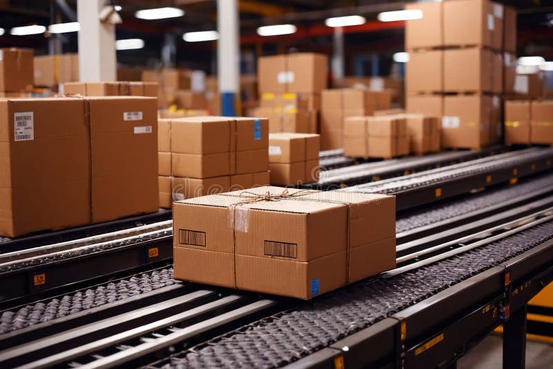 Parcel Boxes on Conveyor Belt in Product Sorting and Shipping Facility ...