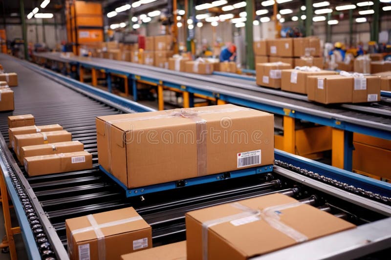 Parcel Boxes on Conveyor Belt in Product Sorting and Shipping Facility ...