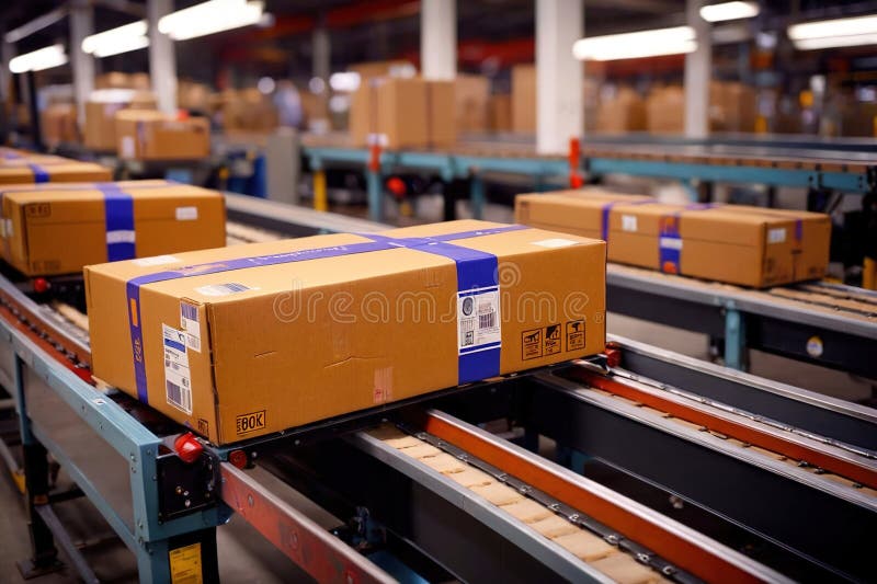Parcel Boxes on Conveyor Belt in Product Sorting and Shipping Facility ...