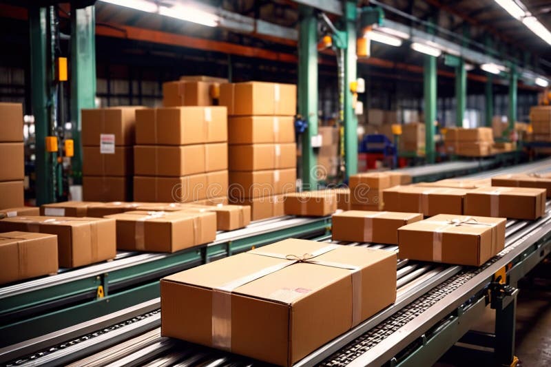 Parcel Boxes on Conveyor Belt in Product Sorting and Shipping Facility ...