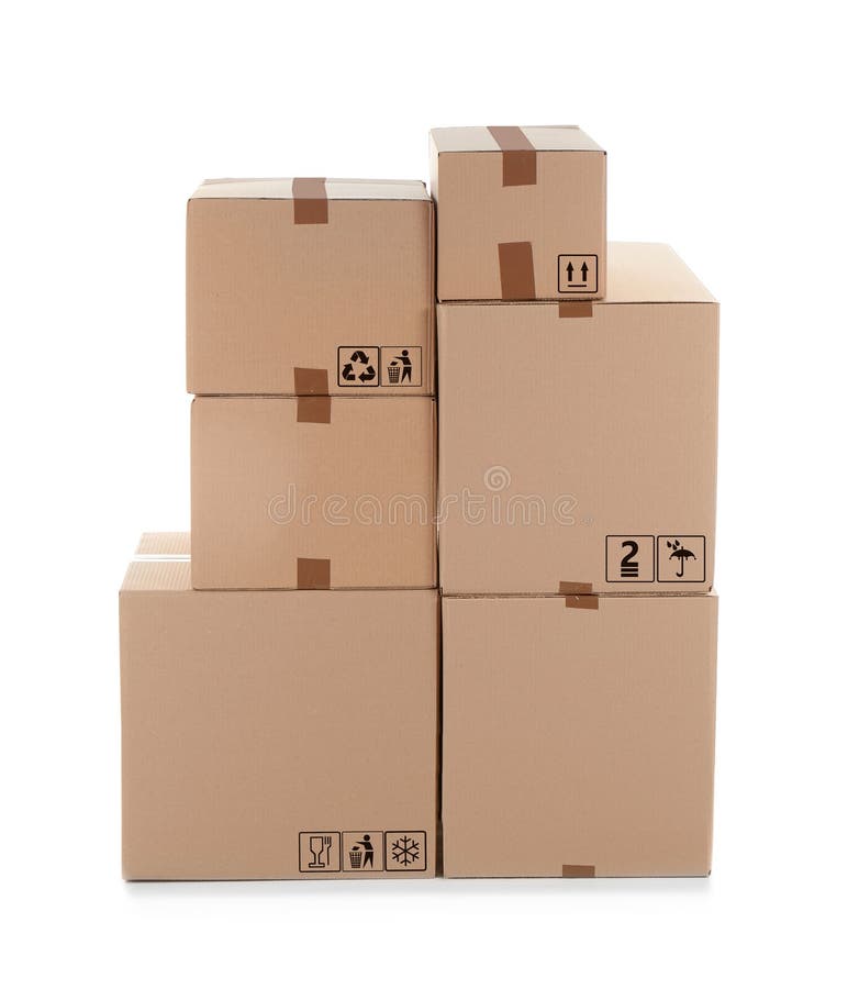 Parcel Delivery. Cardboard Boxes with Packaging Symbols on White ...