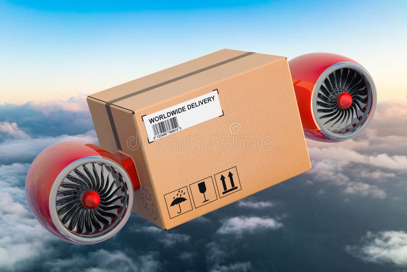 Parcel with Jet Engines Flying in the Sky. Fast Delivery Concept, 3D ...