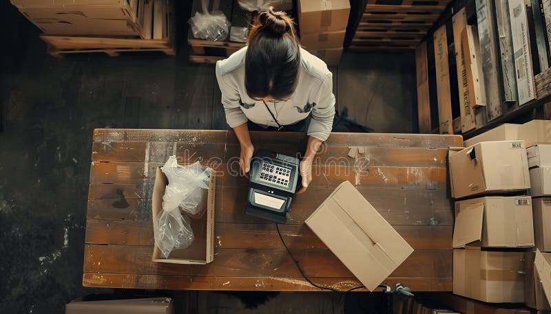 Parcel Packing. Post Office Worker with Scanner Reading Barcode at ...