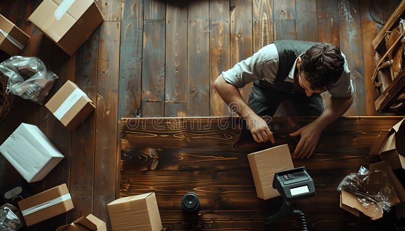 Parcel Packing. Post Office Worker with Scanner Reading Barcode at ...