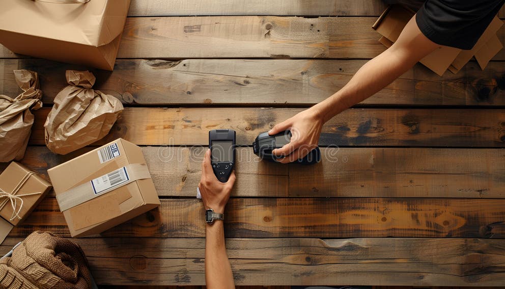 Parcel Packing. Post Office Worker with Scanner Reading Barcode at ...