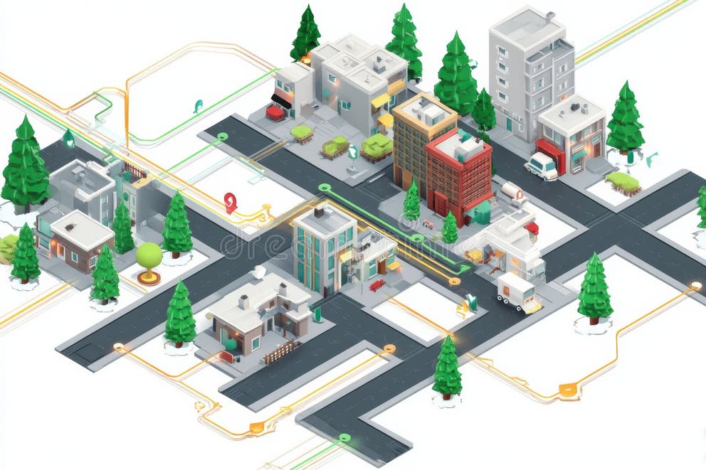 Isometric Parcel Route Map Illustrating City Connections with Arrows ...