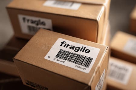 Parcel Stack Featuring Fragile Labels and Barcode Scans with an Open ...