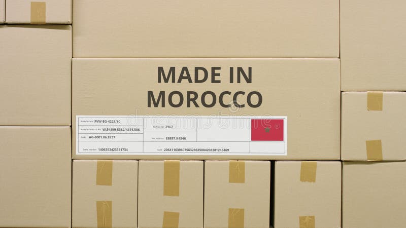 Carton with Printed MADE in MOROCCO Text and Flag. Warehouse Logistics ...