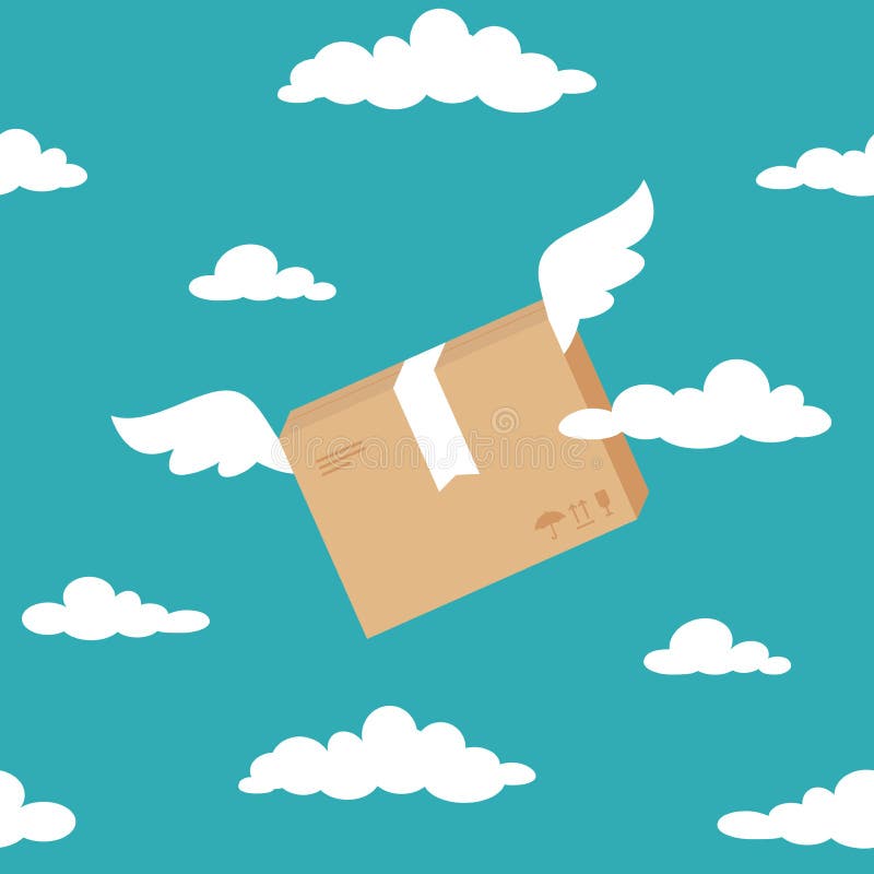Parcel with Wings Flying in the Sky with Clouds. Fast Delivery Concept ...