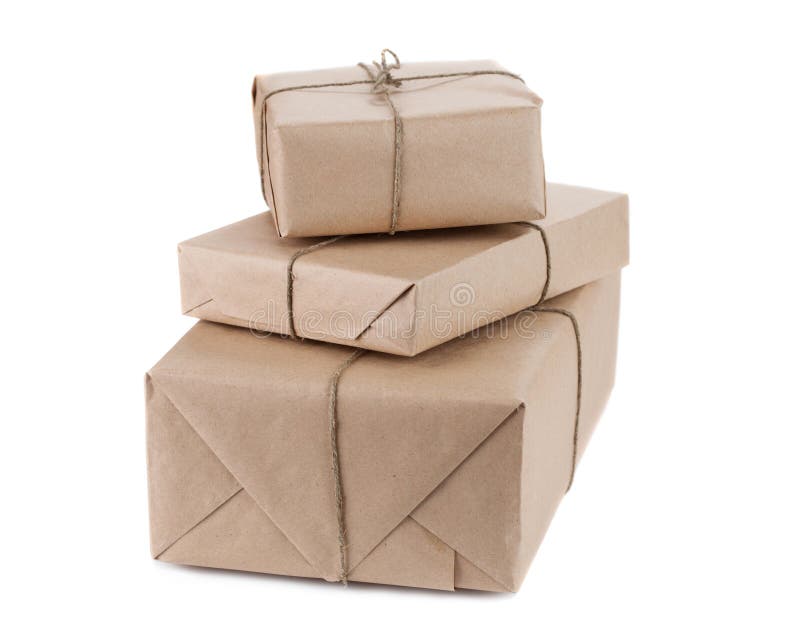 Parcel Wrapped with Brown Packing Paper Stock Photo - Image of white ...