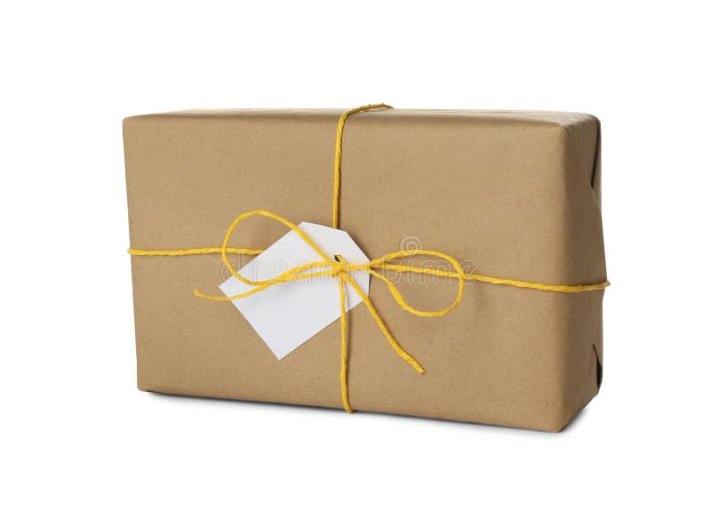 Parcel Wrapped in Kraft Paper with Tag on White Background Stock Image ...