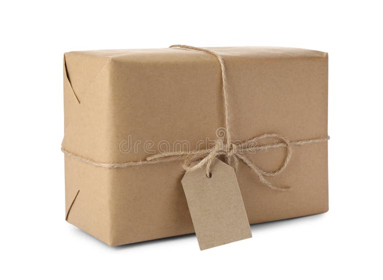 Parcel Wrapped in Kraft Paper with Tag on White Background Stock Image ...
