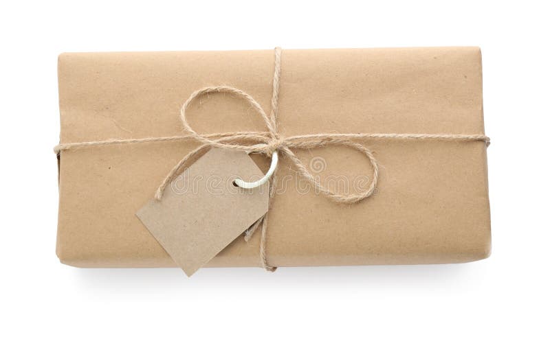 Parcel Wrapped with Kraft Paper, Twine and Tag Isolated on White, Top ...