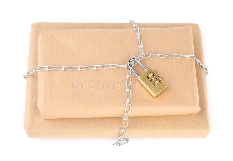 Parcels with Chain and Padlock Isolated on White, Top View Stock Image ...