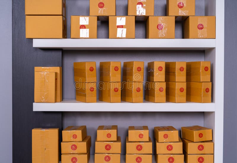 Parcels on Shelf Ready for Shipment To Client in Home Office Stock ...