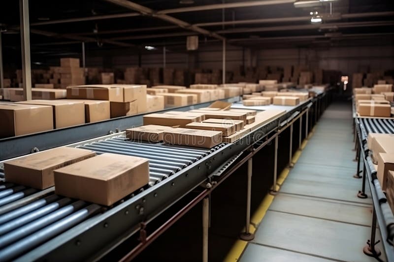 Parcels on a Sorting Belt in a Warehouse. Generative AI. Stock ...