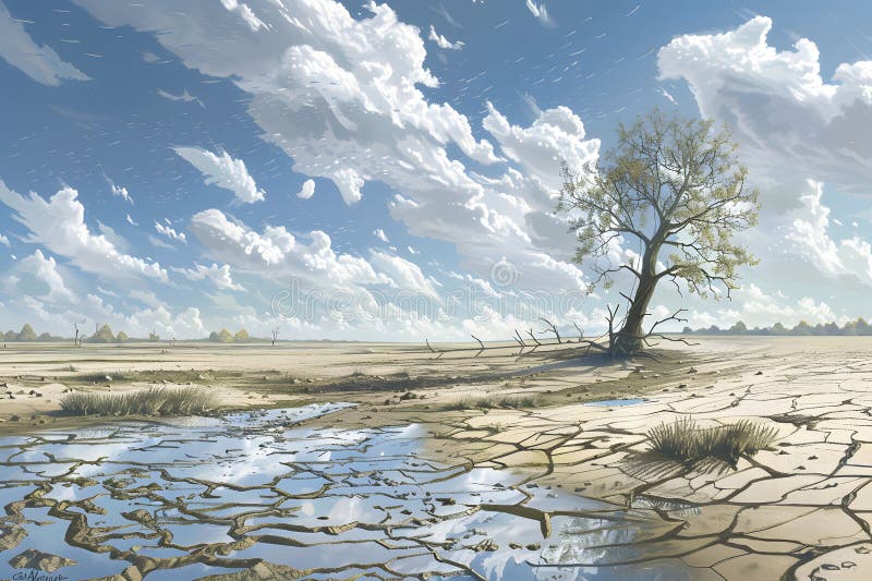 Parched Earth and Lone Tree Landscape Illustration Stock Illustration ...