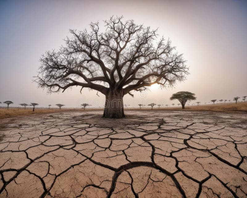 Parched Landscape with Baobab Tree Stock Illustration - Illustration of ...