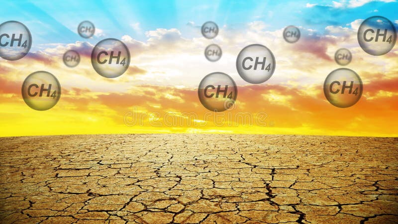 Parched Landscape and Bubbles with CH4 Text at Sunset. Global Warming ...