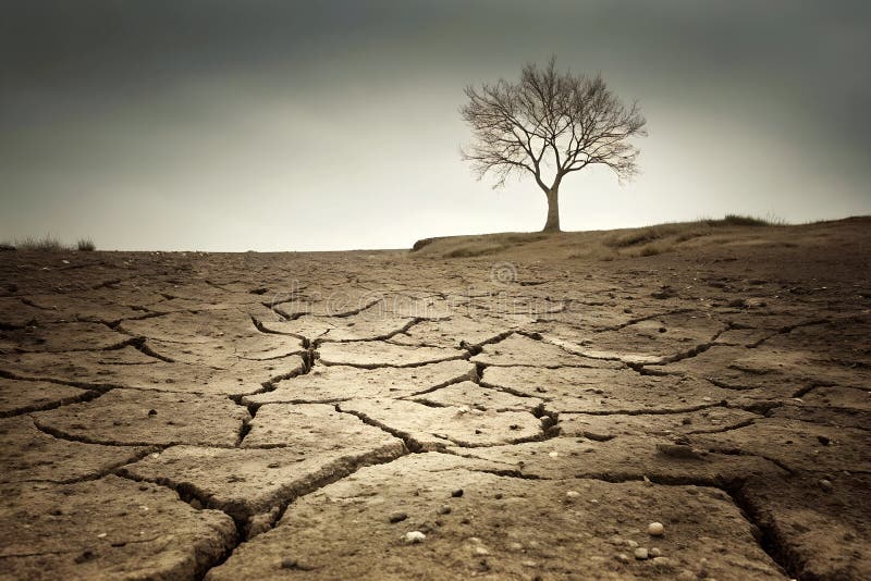 Parched Landscape with Deep Cracks Under a Bleak Sky at Dusk. Evokes ...