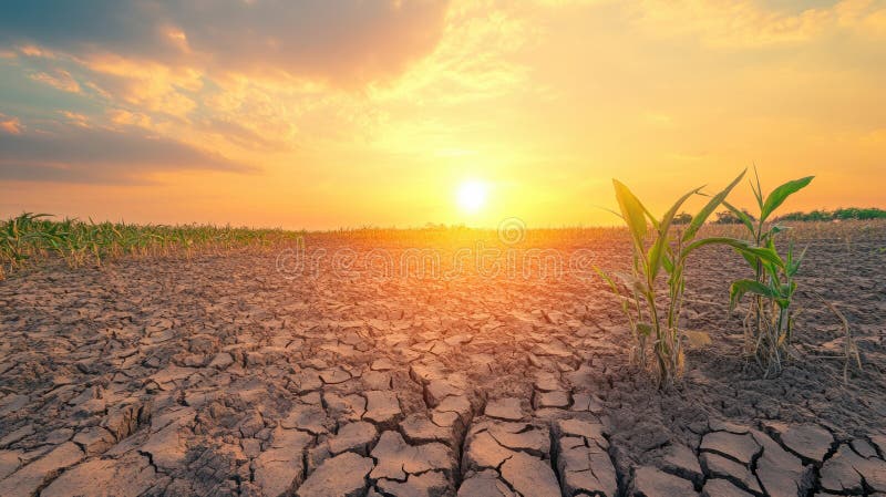 A Parched Landscape Features Cracked Earth and Dry Plants, Illuminated ...
