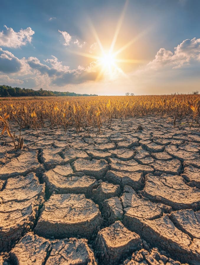 The Parched Landscape Features Cracked Soil and Withered Plants ...