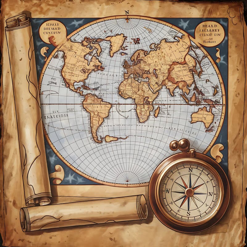 Ancient Parchment Paper with Vintage Map and Compass Scroll Side ...