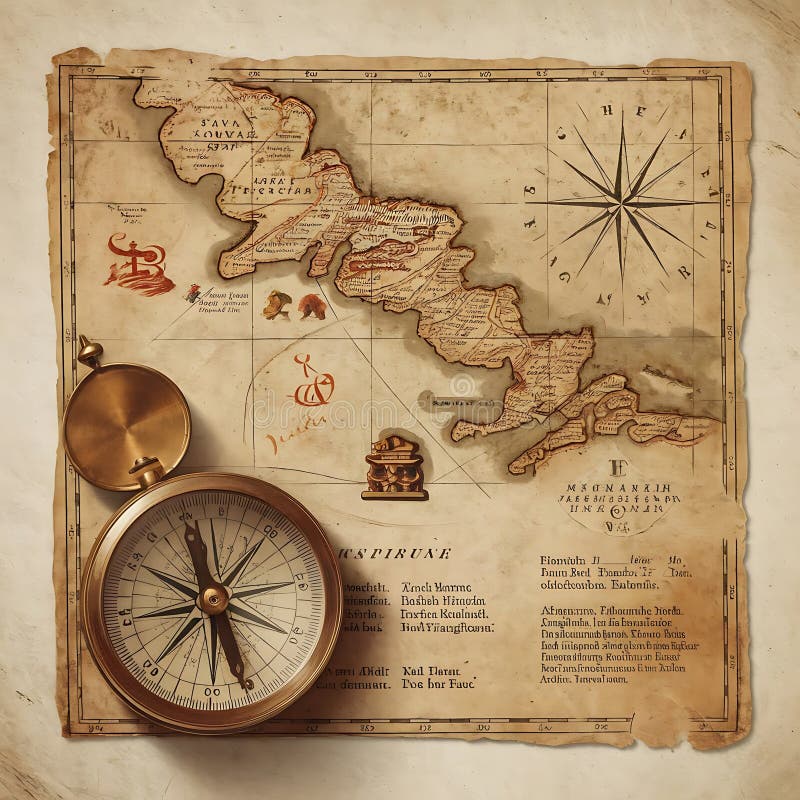 Ancient Parchment Paper with Vintage Map and Compass Scroll Side ...