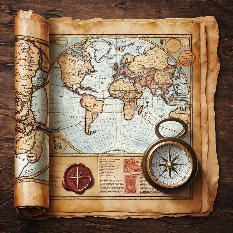 Ancient Parchment Paper with Vintage Map and Compass Scroll Side ...